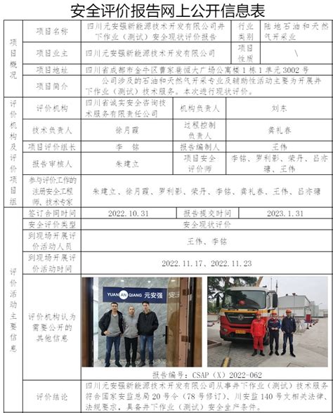 四川元安强新能源技术开发有限公司井下作业测试安全现状评价 四川省诚实安全咨询技术服务有限责任公司