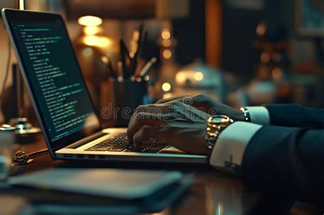 african male coder in office setting working on laptop at night stock