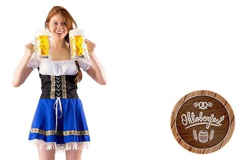 Premium Photo Oktoberfest Girl Holding Jugs Of Beer Against