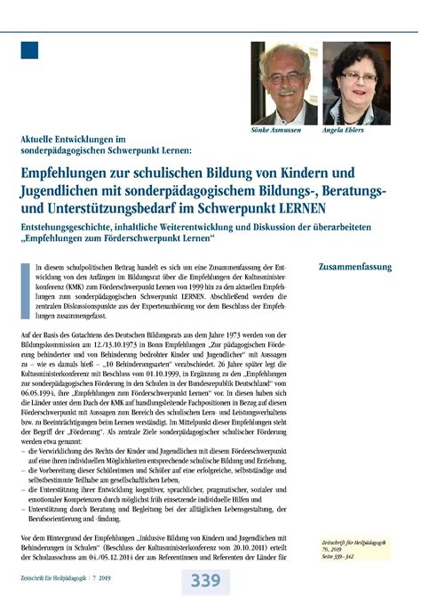 Empfehlungen zur schulischen Bildung von Kindern und Jugendlichen mit sonderpädagogischem
