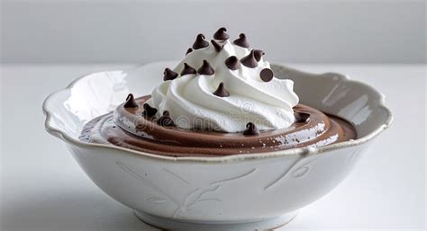 A Bowl Of Chocolate Pudding With Whipped Cream And Chocolate Chips On Top Stock Image Image Of