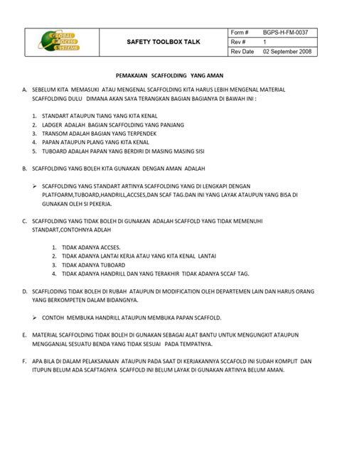 Safety Toolbox Talk Scaffolding Safety Pdf