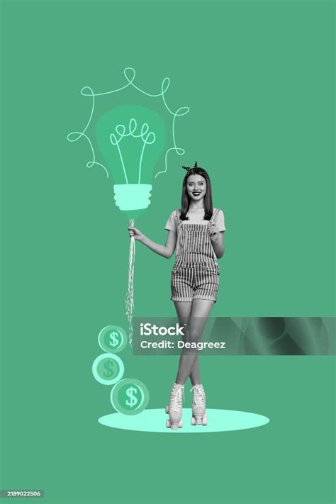 행복 한 소녀 잡기 전구 공기 풍선 모조 돈 이익 성공 계획 전원 절연 그린 배경에 절연 된 수직 사진 콜라주 20 24세에 대한 스톡 사진 및 기타 이미지 Istock