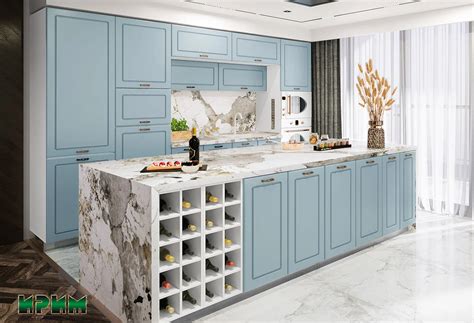 Кухня с остров ИРИМ СИТИ 9122 МДФ Деним мат и Бяло Мебели АРЕНА