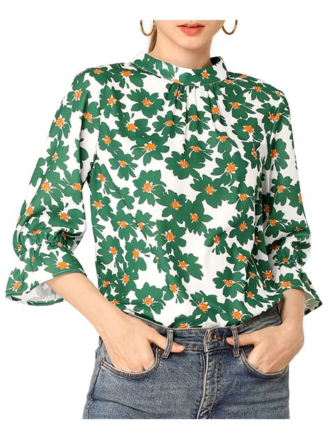 Allegra K Allegra K Womens Floral Ruffle Sleeves Pleated Stand