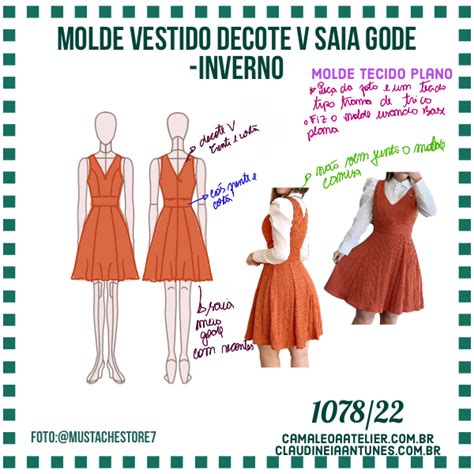 Molde Vestido Decote V Saia Gode Inverno CAMALEOA ATELIER DE COSTURA