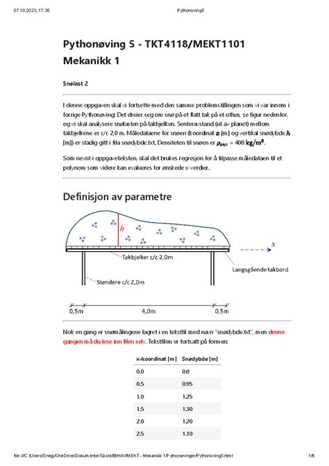Pythonoving Mekanikk Pythonøving TKT MEKT Mekanikk Snølast I denne oppgaven