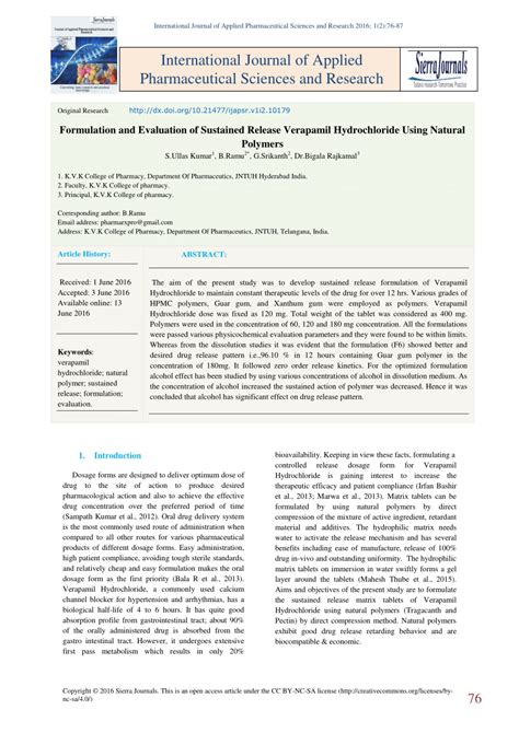 Pdf Formulation And Evaluation Of Sustained Release Verapamil Hydrochloride Using Natural Polymers