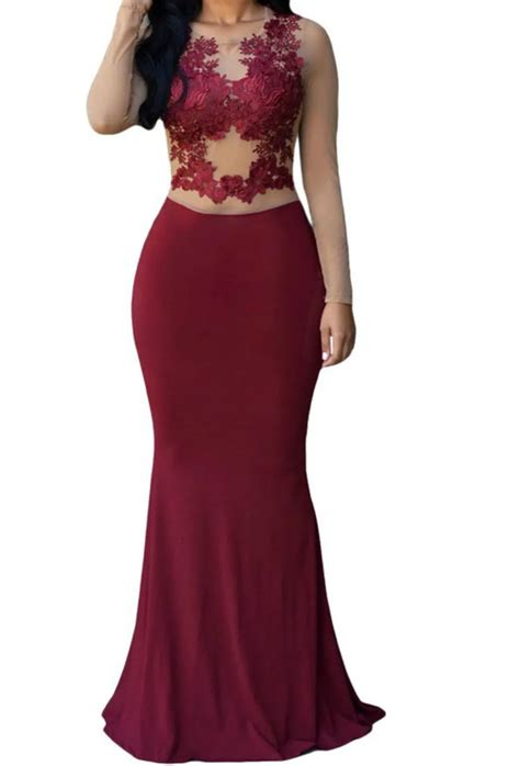 Hot Sale Cheap Chiffon Lace Long Sleeve Burgundy Prom Dresses Gown 2016