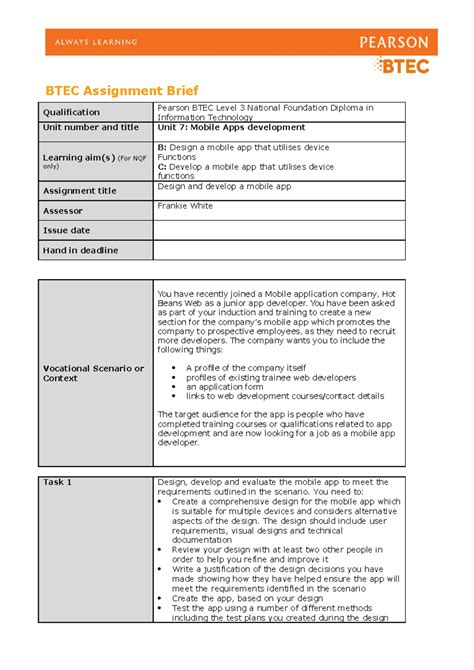 Unit 7 Authorised Assignment Brief For Learning Aims B And C Mobile Appls Development Btec