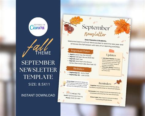 September School Newsletter Template Fall Theme Printable Monthly