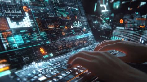 Software Engineer Programming Futuristic Cyber Security Interface On Laptop Stock Image Image