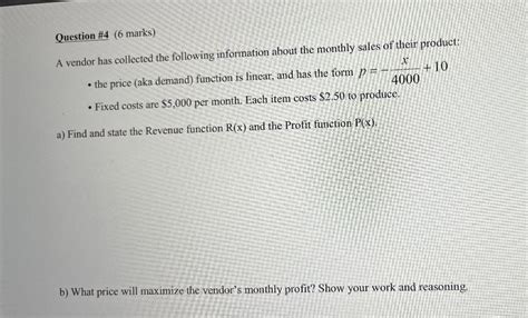 solved question 4 6 marks v 10 a vendor has collected