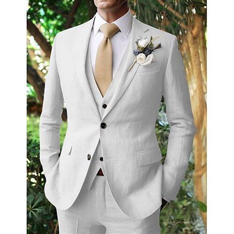 Costumes En Lin Homme Mariage Ensemble De 3 Pièces Blanche Vert Couleur Pleine Coupe Sur Mesure