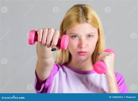 Girl Hold Dumbbells Biceps Exercises For Female Fitness Instructor