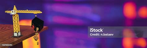 위안 엔 기호가 적힌 동전이 쏟아지는 은행 금고가 있는 건설 크레인 건설 및 주택 비용에 대한 텍스트를 위한 빈 공간이 있는 3d 배경 예산 초과 0명에 대한 스톡 사진 및