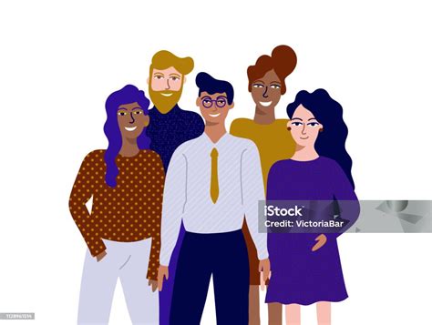 재미 사무실 근로자 또는 사무원 함께 서 있는 미소의 평면 만화 스타일 그룹 초상화에 벡터 그림 귀여운 명랑 남성과 여성