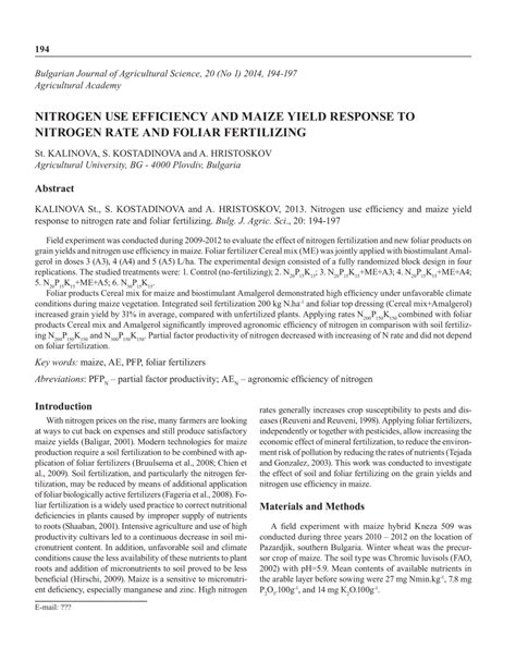 Pdf Nitrogen Use Efficiency And Maize Yield Response To Nitrogen Rate And Foliar Fertilizing