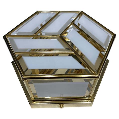 1970s Mid Century Modern Brass And Glass Hexagonal Italian Ceiling Light