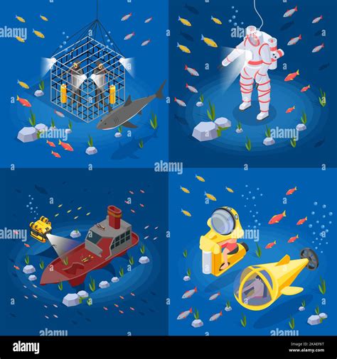 Diving Isometric 2x2 Design Concept Set Of Equipment For Studying Of
