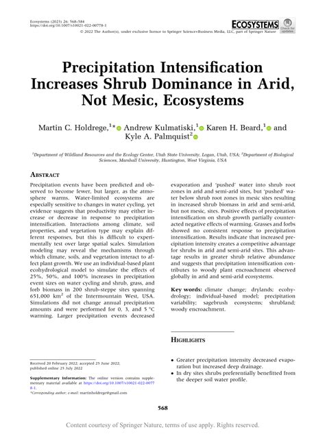 Precipitation Intensification Increases Shrub Dominance In Arid Not Mesic Ecosystems Request Pdf