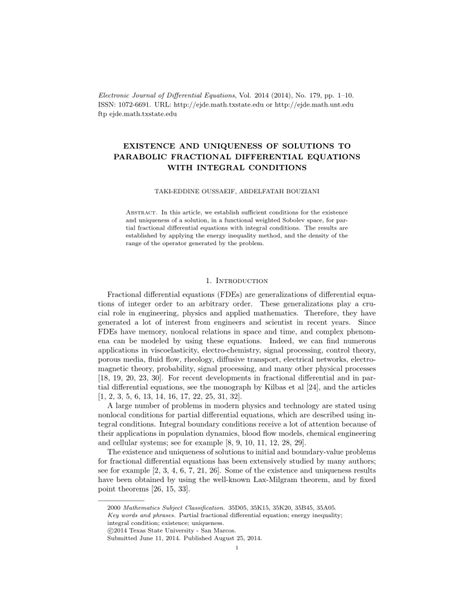 Pdf Existence And Uniqueness Of Solutions To Parabolic Fractional Differential Equations With