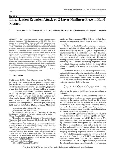 Pdf Linearization Equation Attack On 2 Layer Nonlinear Piece In Hand Method