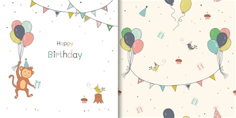 생일 맞이 인사말 카드 세트와 매끄러운 패턴 손으로 그린 귀여운 원숭이 풍선 장식 인쇄 또는 포장지를위한 색종이로 번팅 생일에