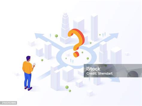 여러 개의 화살표가 있는 물음표의 교차로에서 선택을 고민하는 남자 Gps 네비게이션 의사 결정의 개념 벡터 등각 투영 그림입니다