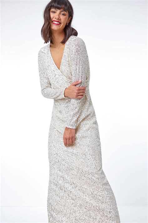 Sequin Wrap Stretch Maxi Dress In Silver Roman Originals Uk
