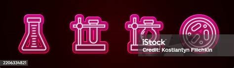 라인 테스트 튜브와 플라스크를 스탠드에 놓고 박테리아가 있는 페트리 접시를 설정합니다 빛나는 네온 아이콘입니다 벡터 건강 검진에 대한 스톡 벡터 아트 및 기타 이미지