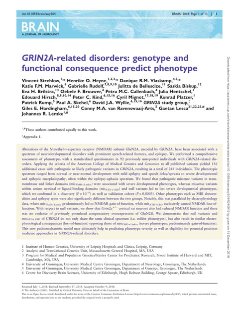 Grin2a Related Disorders Genotype And Functional Consequence Predict Phenotype Strehlow 2018