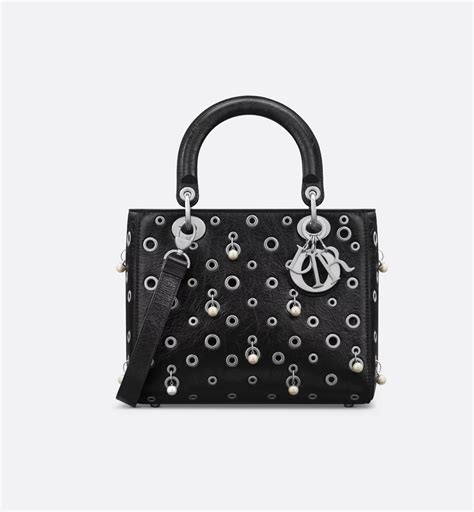Medium Lady Dior Bag Black Crinkled Calfskin With Silver Finish Eyelets