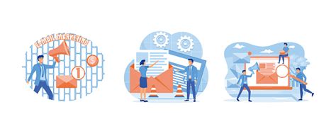 메가폰으로 소리치는 남자 이메일 및 메시징 이메일 마케팅 캠페인 이메일 마케팅 인터넷 광고 온라인 프로모션 세트 플랫 벡터 현대 일러스트 레이 션 개념에 대한 스톡 벡터