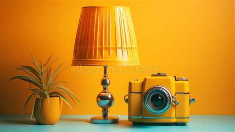 Yellow Camera And Vintage Lamp A Vibrant Still Life Photography Stock
