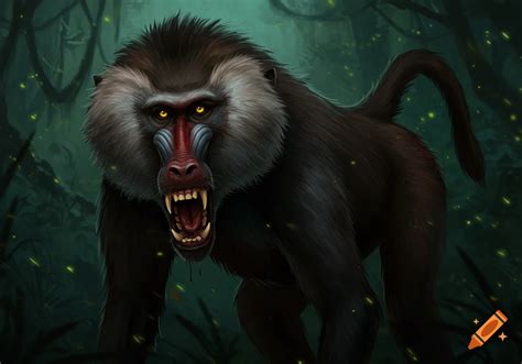 Scary Baboon Portrait With Glowing Eyes And Bared Teeth In A Dark
