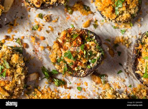 Homemade Stuffed Mushroom Appetizer With Cheese And Breadcrumbs Stock