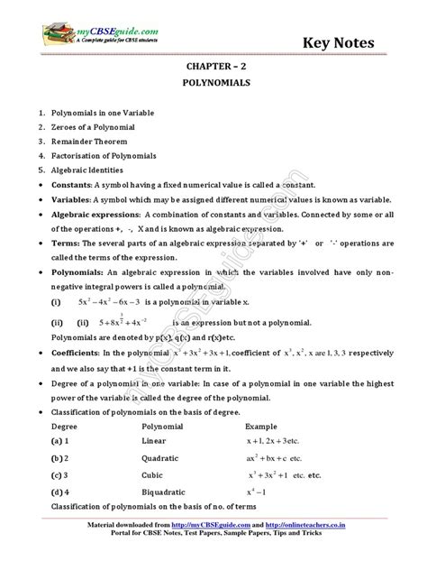 09 Maths Key Notes Ch 02 Polynomials Pdf Polynomial Variable