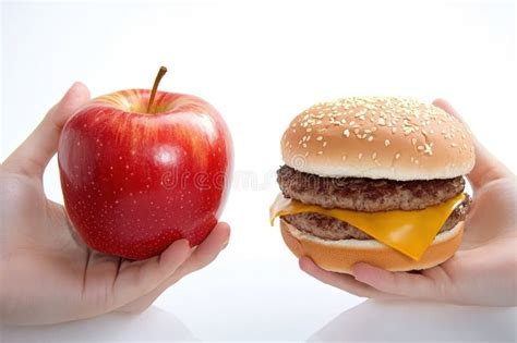 choosing between healthy apple and junk food burger stock illustration