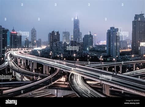 Aerial View Of Shanghai Viaduct Night Severe Traffic Congestion Stock