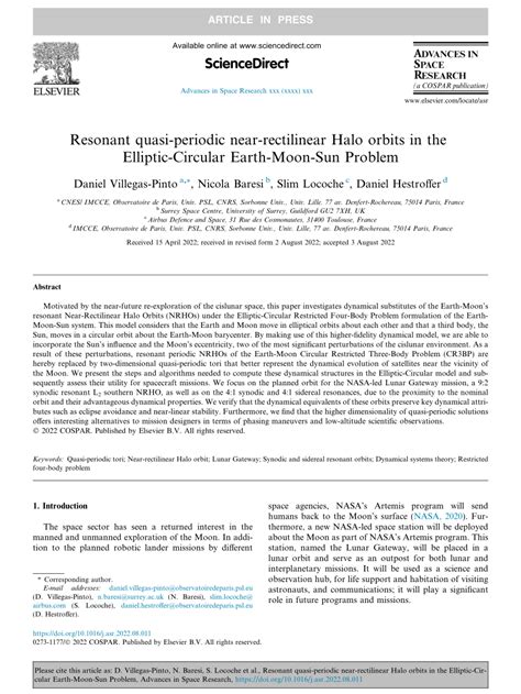 Pdf Resonant Quasi Periodic Near Rectilinear Halo Orbits In The Elliptic Circular Earth Moon