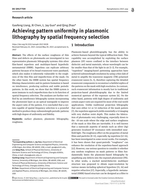 Pdf Achieving Pattern Uniformity In Plasmonic Lithography By Spatial