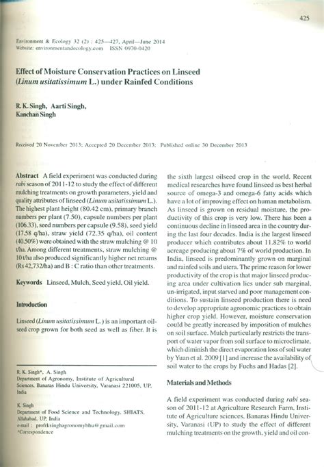 (PDF) EFFECT OF MOISTURE CONSERVATION PRACTICES ON LINSEED (Linum usitatissimum L.) UNDER ...