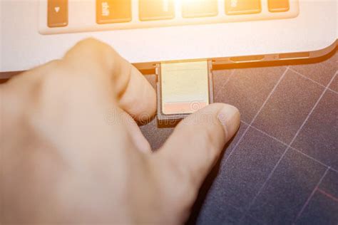 Inserting Sd Cardusb Flash Memory Drive Plugged Into A Computer Laptop