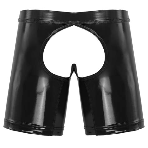Mens Patent Leather Open Front Hole Crotchless Boxer Briefs Shorts