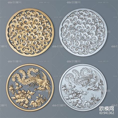 中式金属祥云凤凰牡丹雕刻雕花3d模型