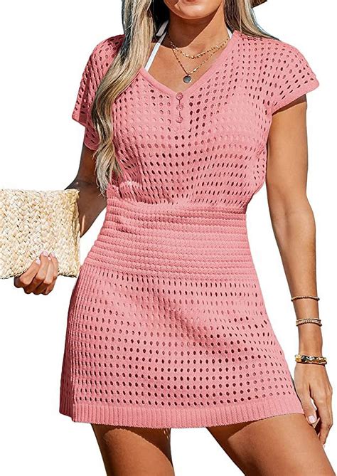 Cupshe Womens Crochet Swim Beach Cover Up Button Short Sleeve