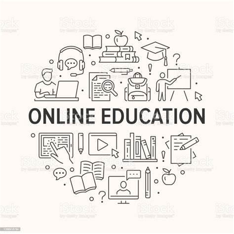 라인 아이콘이 있는 온라인 교육 포스터 브로셔에 대한 벡터 서클 일러스트는 학생 컴퓨터 서적 교사 홈 스쿨링을위한 노트북 개요 그림 대학 Trainig로 아이콘을 포함