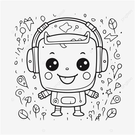 헤드폰으로 작은 로봇의 흰색 그림 벡터 기본 단순 귀여운 만화 걸작 개요 흰색 배경에 고립 어린이 색칠 페이지 Png
