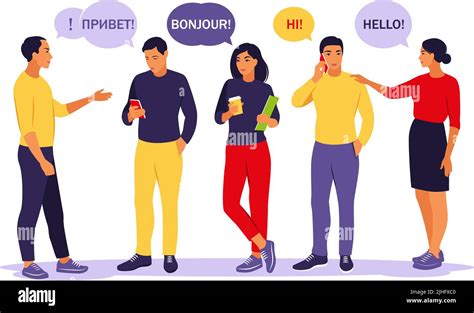Young people saying hello in different languages. Students with speech bubbles. Communication ...